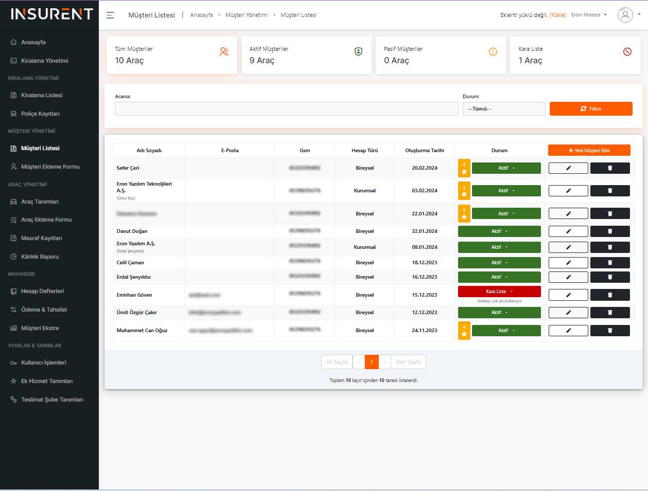 Insurent Rent A Car Yazılımı - Araç Kiralama Programı | Eron Software